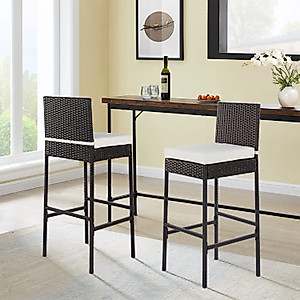 PayLessHere 2 Piece Outdoor Bar Stools 30" Wicker Patio Stools Bar Chairs Height Stools All Weather Patio Furniture with Footrest Khaki Cushion for Outdoor Indoor Pool Lawn Porch Backyard,Brown