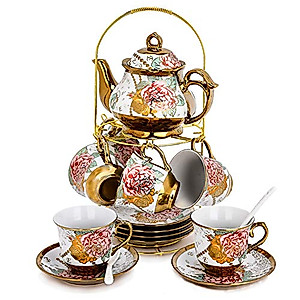 DaGiBayCn 20 Piece European Ceramic Tea Set Coffee set Porcelain Tea SetWith Metal Holder,flower tea set Red Rose Painting,160ML/Cup,460ML/Pot (Large version).