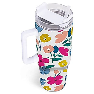 Mary Square Darling Daisy Pink Floral 30 ounce Stainless Steel Water Tumbler with Handle