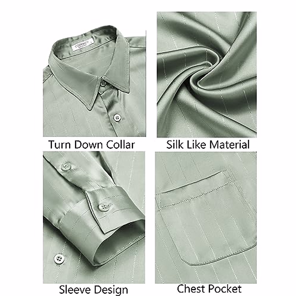 COOFANDY Button Down Shirts for Men Satin Silk Luxury Long Sleeve Shirt Party Wedding Prom (Light Green, Large)