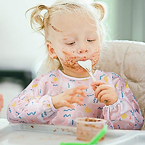 3 Pcs Long Sleeved Bib Set | Baby Waterproof Bibs with Pocket Bundle | Toddler Bib with Sleeves and Crumb Catcher | Stain and Odor Resistance Play Smock Apron - Pack of 3 | 6-24 Months