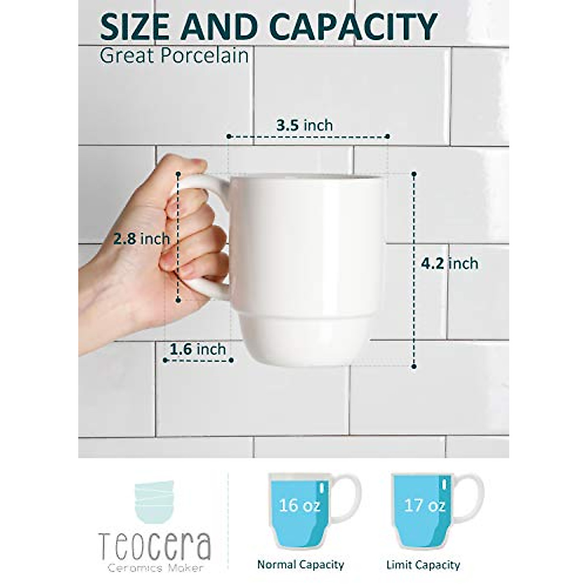 Porcelain Stackable Coffee Mugs Set of 4-16 Ounce Cups with Handle for Hot or Cold Drinks like Cocoa, Milk, Tea or Water - Smooth Ceramic with Modern Design, White