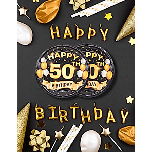 50th Birthday Plates Black and Gold Dessert, Buffet, Cake, Lunch, Dinner Plates for 50th Birthday Decorations Party Supplies, Happy 50th Birthday! 50 Count, 9" Plate Design for 50th Birthday Party