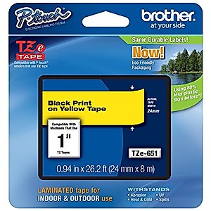 Brother Laminated Tape Black on Yellow, 24mm (TZe651) - Retail Packaging (2, Black on Yellow)