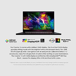 MSI Creator 15 Professional Laptop: 15.6" UHD OLED 4K DCI-P3 100% Display, Intel Core i7-11800H, NVIDIA GeForce RTX 3060, 16GB RAM, 512GB NVME SSD, Thunderbolt 4, Win10, Black (A11UE-491)