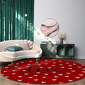 Indoor Large Round Area Rug for Living Room Kitchen Rug Happy Valentine's Day Sweet White Love Heart Romantic Love Anniversary Non-Slip Low-Profile Accent Throw Rug Carpet Runner Rug for Bedroom