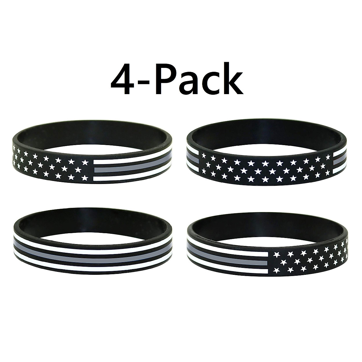 Thin Grey-Gray-Silver Line American Flag Silicone Stretchable Bracelet 4-Pack - Correctional Officer