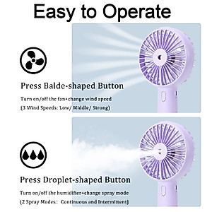 Portable Hand held Misting Fan, Small Personal USB Rechargeable Battery Operated Spray Fan Mister with 20ml Water Tank Mist Lash Fan Quiet 3 Speed Strong Cooling Wind for Travel Office Outdoors purple