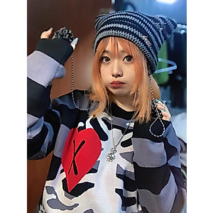 Crochet Hats for Women Vintage Fox Hat Grunge Goth Beanies Y2K Accessories Slouchy Beanies (Grey Black)