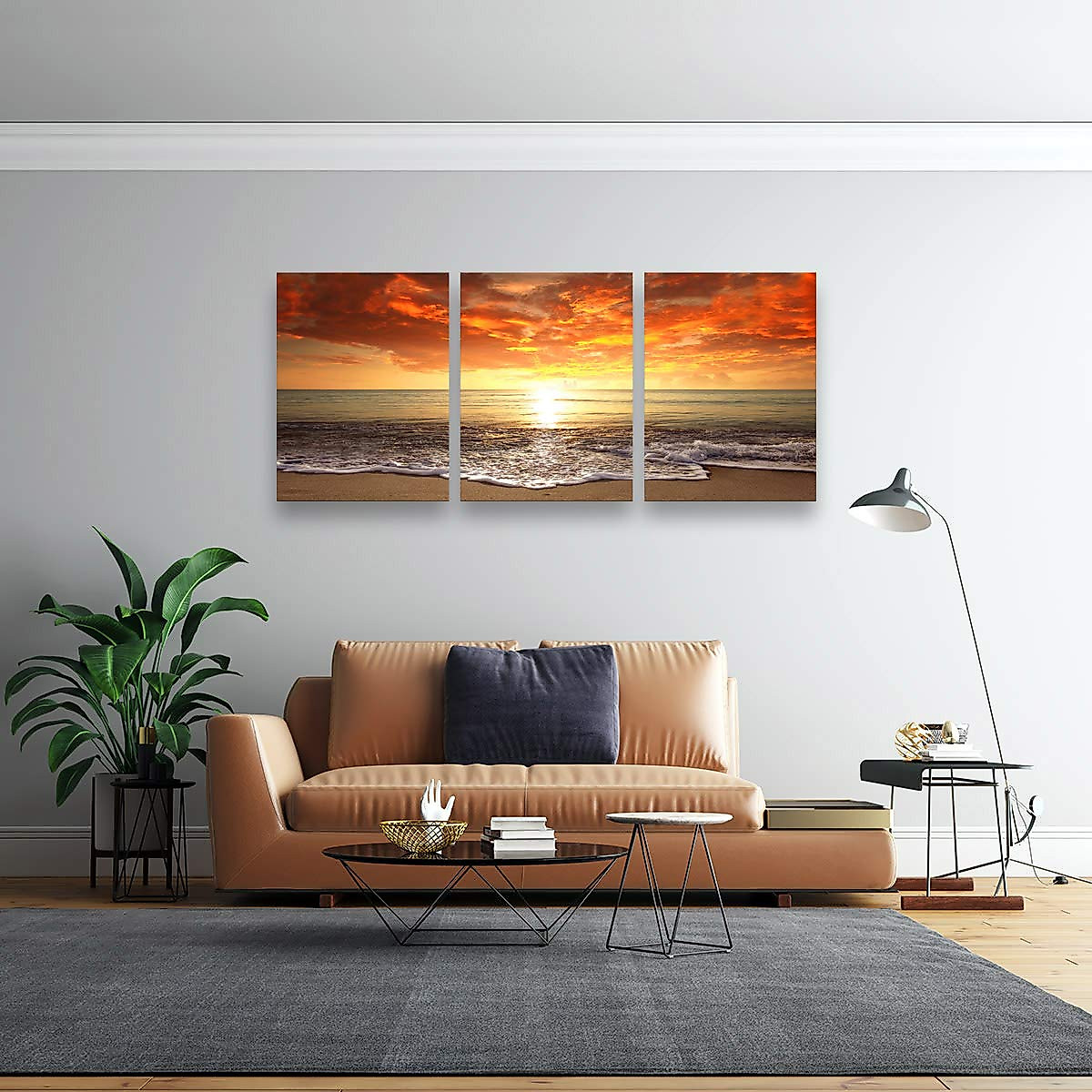 S0146 3 pieces Canvas Prints Wall Art Sunset Ocean Beach Pictures Photo Paintings for Living Room Bedroom Home Decorations Framed Seascape Waves Landscape Giclee Artwork 16x24inch x3pcs