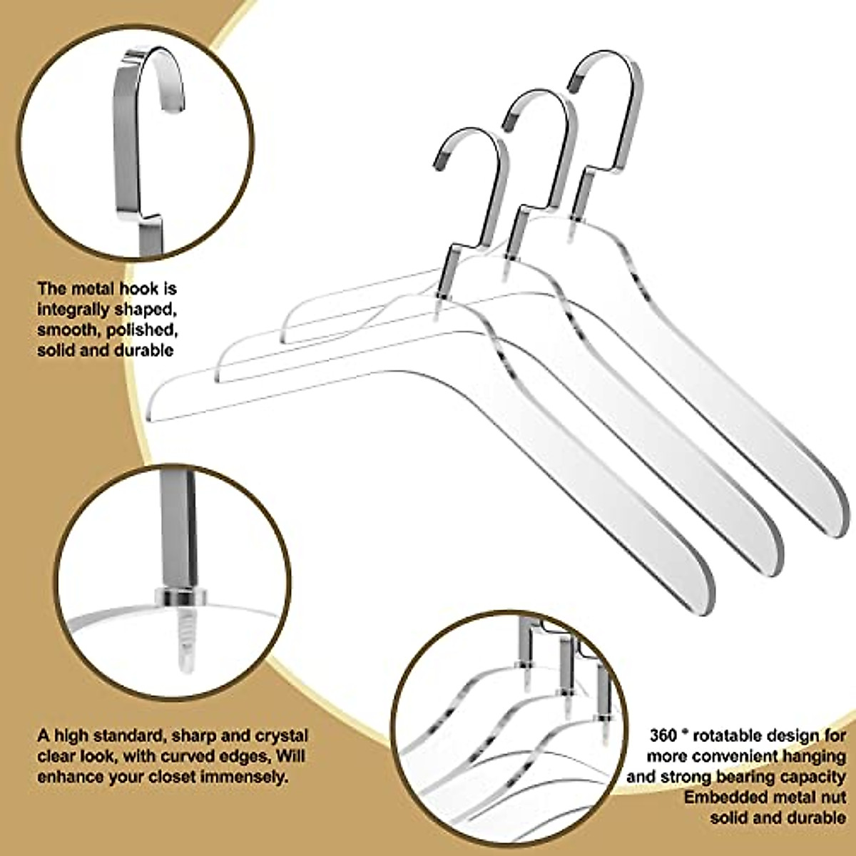 Quality Clear Acrylic Lucite Coat Suit Hangers, Stylish Clothes Hanger with Silver Hook - Coat Hanger for Dress, Suit - Closet Organizer Adult Hangers Gloss Silver Chrome 5 Pcs