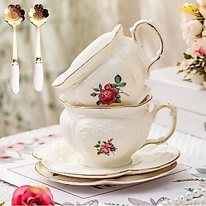 S.ROKE TTAN 8 oz Porcelain Coffee Cup and Saucer Set, White Phnom Penh Teacup Cappuccino Cup Coffee Cup with Spoons, for Drinks, Cappuccino, Latte and Tea, Set of 2 (White)