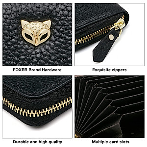 FOXLOVER Small Genuine Leather Credit Card Holders for Women, RFID Blocking Ladies Mini Card Case Women's Card Wallets with Gift Box Packing (Black)