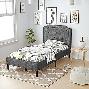 GORELAX Upholstered Twin Bed Frame, Mattress Foundation with Curved Button Tufted Headboard & Wooden Slats, Diamond Stitched Panel Bed Base, Easy Assembly, 16 inch Tall Single Platform Bed Frame Grey