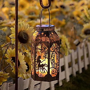 Solar Lanterns, Outdoor Garden Hanging Metal Bronze Star Moon Fairy Lanterns, Set of 1,9.3 Inch Waterproof Flickering Flameless Candle Mission Lights for Patio,Table,Pathway,Balcony,Party Decorative