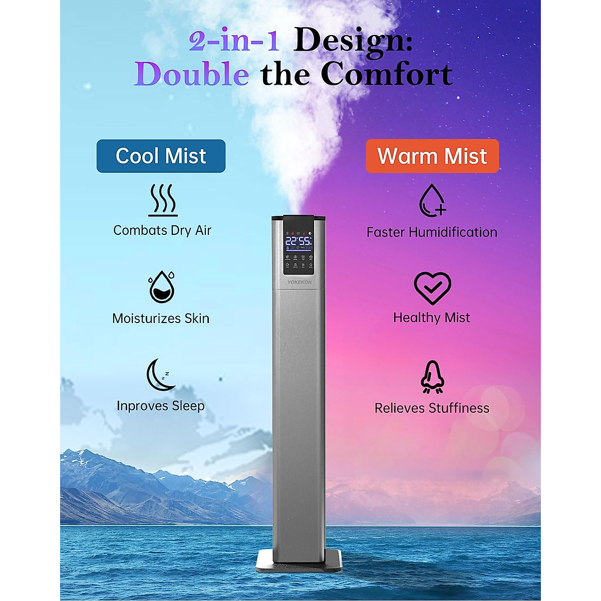 YOKEKON Cool and Warm Mist Humidifier Large Room, 3.4Gal Whole House Humidifiers for Home Bedroom1000 sq ft, Top Fill, 3 Mist Modes, 12H Timer, Aroma Box, Baby Yoga Plants, Silver
