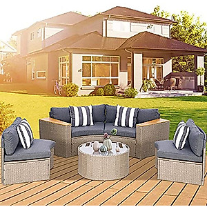 SOLAURA 5-Piece Patio Sectional Furniture Set Half-Moon Patio Set Grey Wicker Curved Outdoor Sofa with Grey Cushions & Round Glass Coffee Table (Pillow Included)