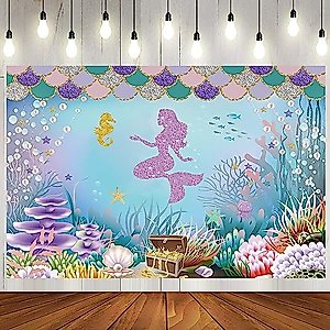 Under The Sea Mermaid Photography Backdrops Mermaid Scales Photo Background Purple Blue Mermaid Pearl Whale Decor Happy Birthday Party Banner 71x44 inch Polyester Fabric Baby Shower