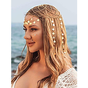Yean Adults Gold Head Chain Sequins Headband Bohemian Hair Jewelry Tassel Festival Costume Headpiece for Women and Girls