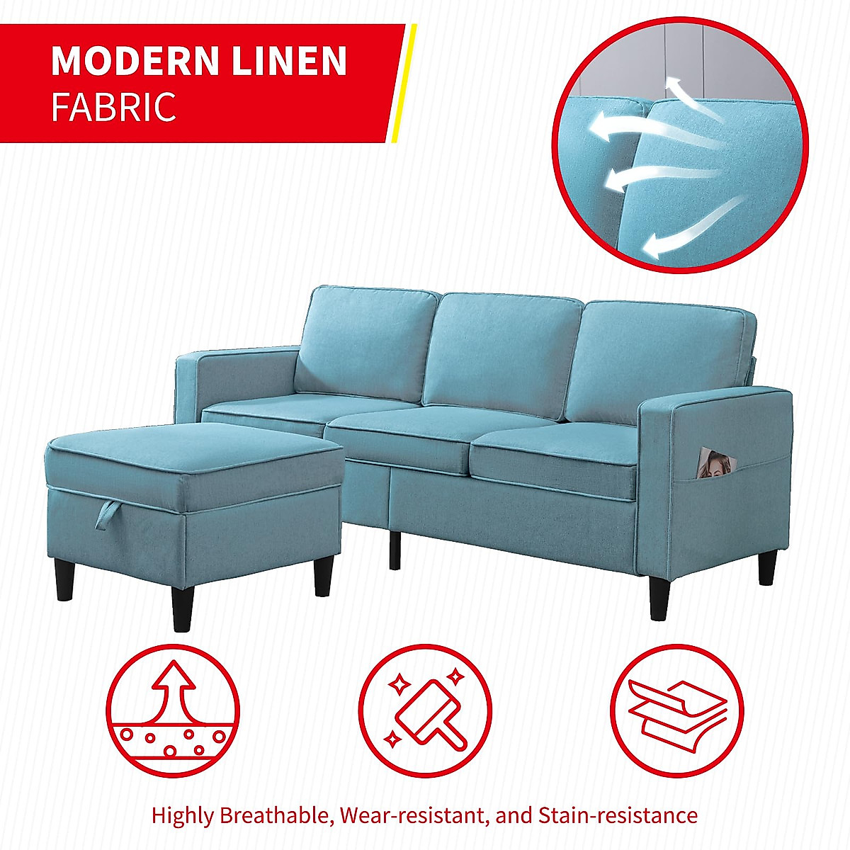 PUREMIND 78 Inches Convertible Sectional Sofa, Linen L-Shaped Sofa Couch with Reversible Storage Ottoman, Wooden Legs, 3-Seat Sectional Couches for Small Space, Apartment, Office (Blue)…