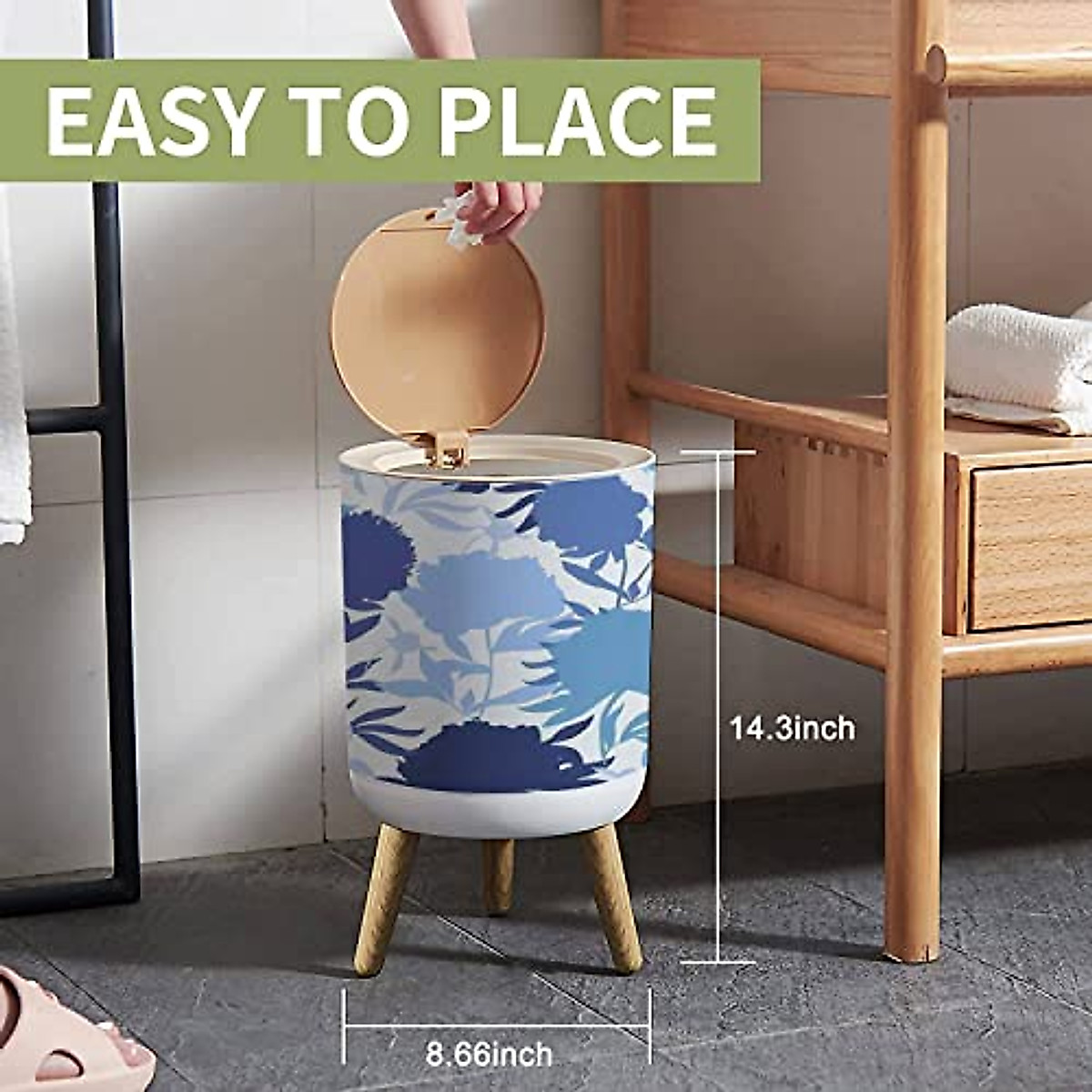Small Trash Can with Lid Blossom floral seamless Silhouette peony in pastel colors with leaves Garbage Bin Wood Waste Bin Press Cover Round Wastebasket for Bathroom Bedroom Diaper Office Kitchen