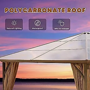 YOLENY 12'x16' Hardtop Gazebo, Outdoor Polycarbonate Roof Canopy, Aluminum Frame Permanent Pavilion with Curtains and Netting, Sunshade for Garden, Patio, Lawns