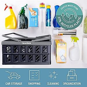 CleverMade Collapsible Shopping Basket, Ocean, 3PK - 24L (6 Gal) Reusable Plastic Grocery Shopping Baskets, Holds 25lbs Per Basket - Small Foldable Storage Crates with Handles