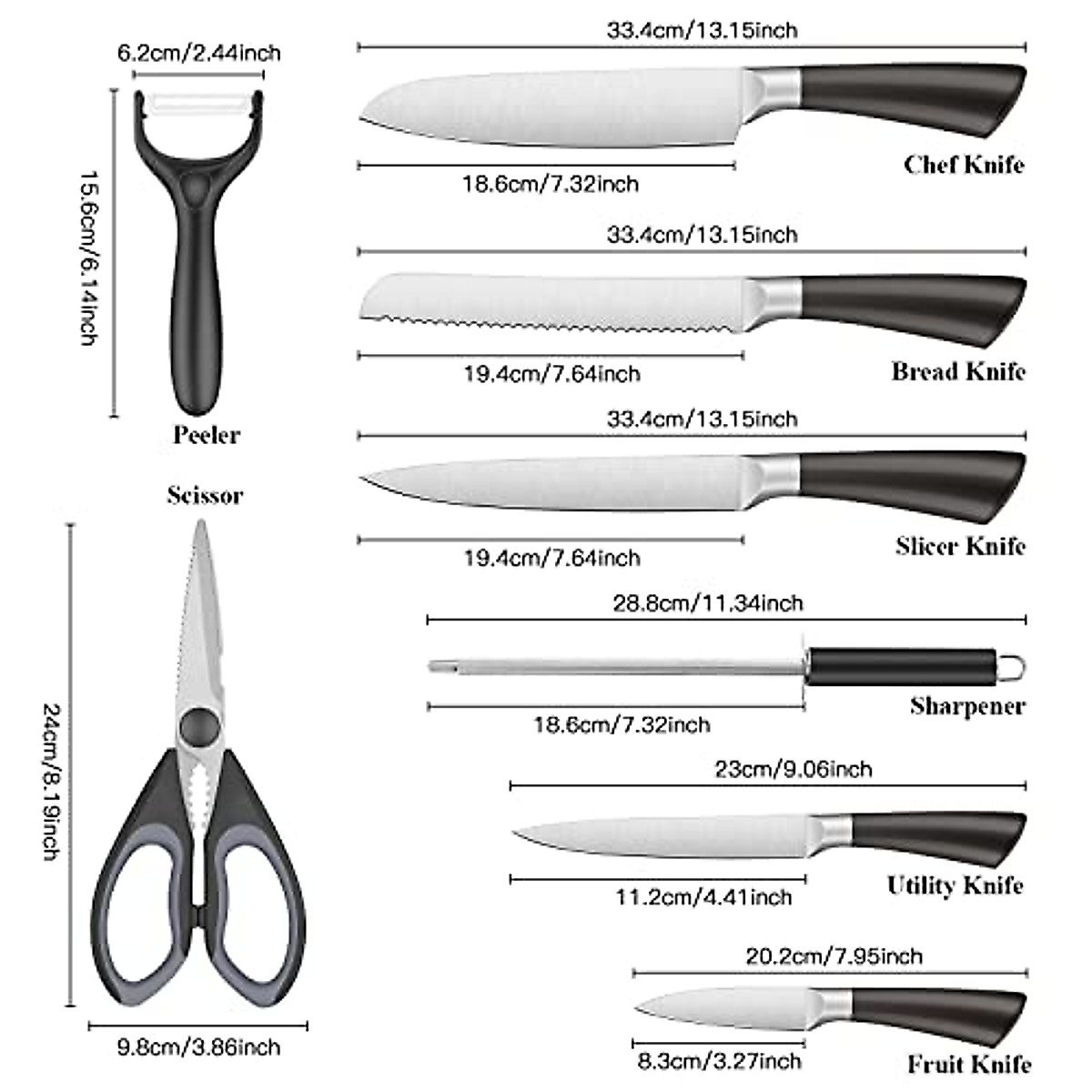 KIMIUP 9 Pieces Kitchen Knife Set with Block,5 Stainless Steel Knives and Scissors Peeler Knife Sharpener with Stand 360 Degree Revolving Base,Black Handle