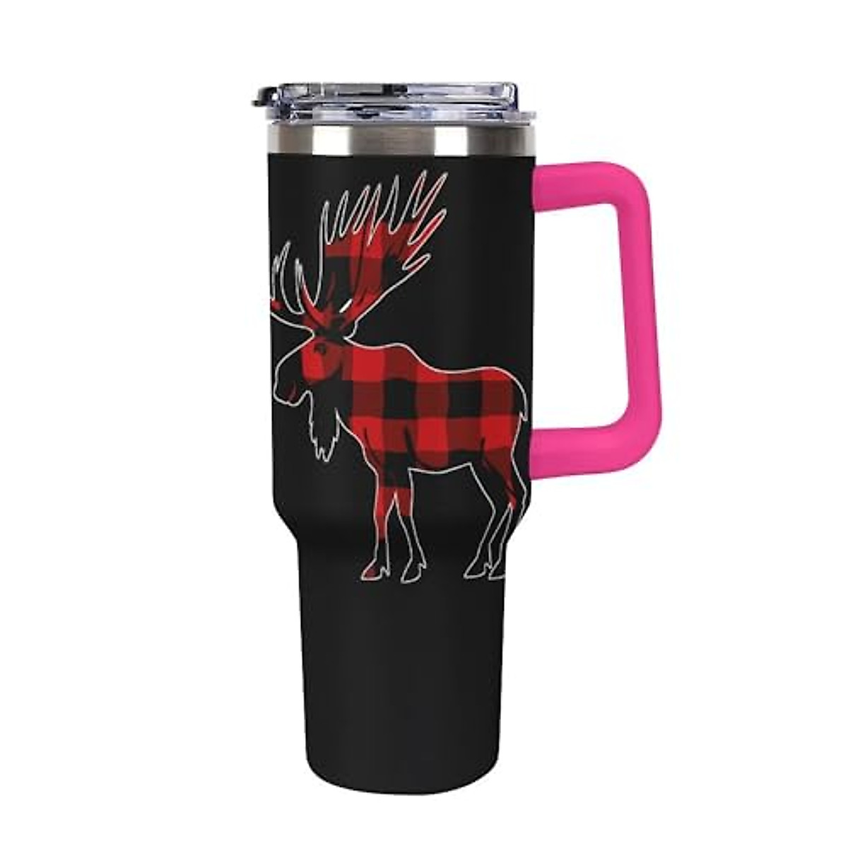 Plaid Moose Lumberjack Red Black 40 Oz Tumbler Insulated Stainless Steel Water Bottle Travel Mug Car Cup with Handle And Straw