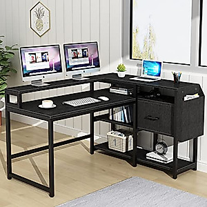 Loomie Reversible L Shaped Computer Desk with Drawer, 55" W x 41" D Industrial Corner Computer Desk with 4 Tier Storage Shelves & Monitor Stand and Storage Bag, Study Table for Home Office, Black