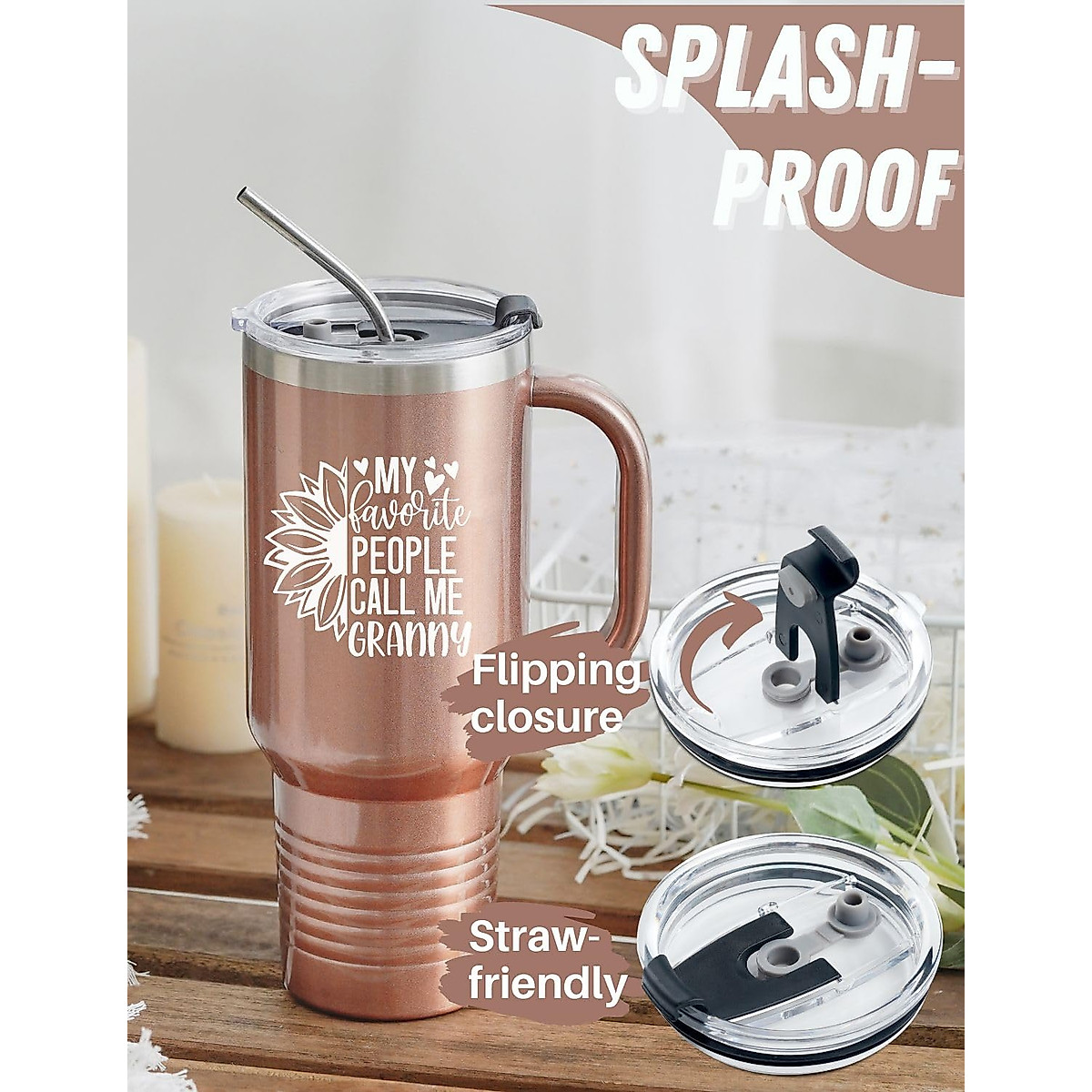 Onebttl Granny Gifts from Granddaughter, Grandson, 40 oz Insulated Stainless Steel Wine Tumbler with Lid and Straw, Gifts for Grandma on Birthday, Christmas, Mother's Day, Rose gold