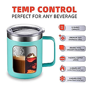 CIVAGO Stainless Steel Coffee Mug Cup with Handle, 12 oz Double Wall Vacuum Insulated Tumbler with Lid Travel Friendly, Reusable and Durable Travel Coffee Cup Thermal Cup, Powder Coated (Aqua, 1 Pack)