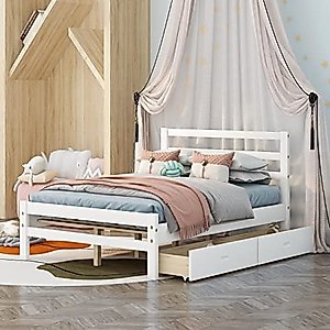 Harper & Bright Designs Full Bed Frame with Drawers, Kids Platform Full Bed with Storage, Solid Wood, No Box Spring Needed (White,Full)
