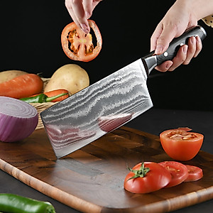 Damascus Cleaver Knife, 7 Inch Professional Kitchen Knife with Non-slip Micarta Wood Ergonomic Handle, All Purpose Chef Knife Meat Cleaver Vegetables Chopping, Razor Sharp Lightweight