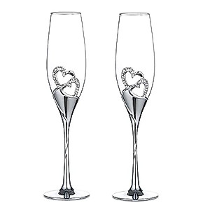 Wedding Champagne Glass Set Silver Toasting Flute Glasses Pack of 2 with Rhinestone Rimmed Hearts Decoration for Wedding, Anniversary and Special Occasions