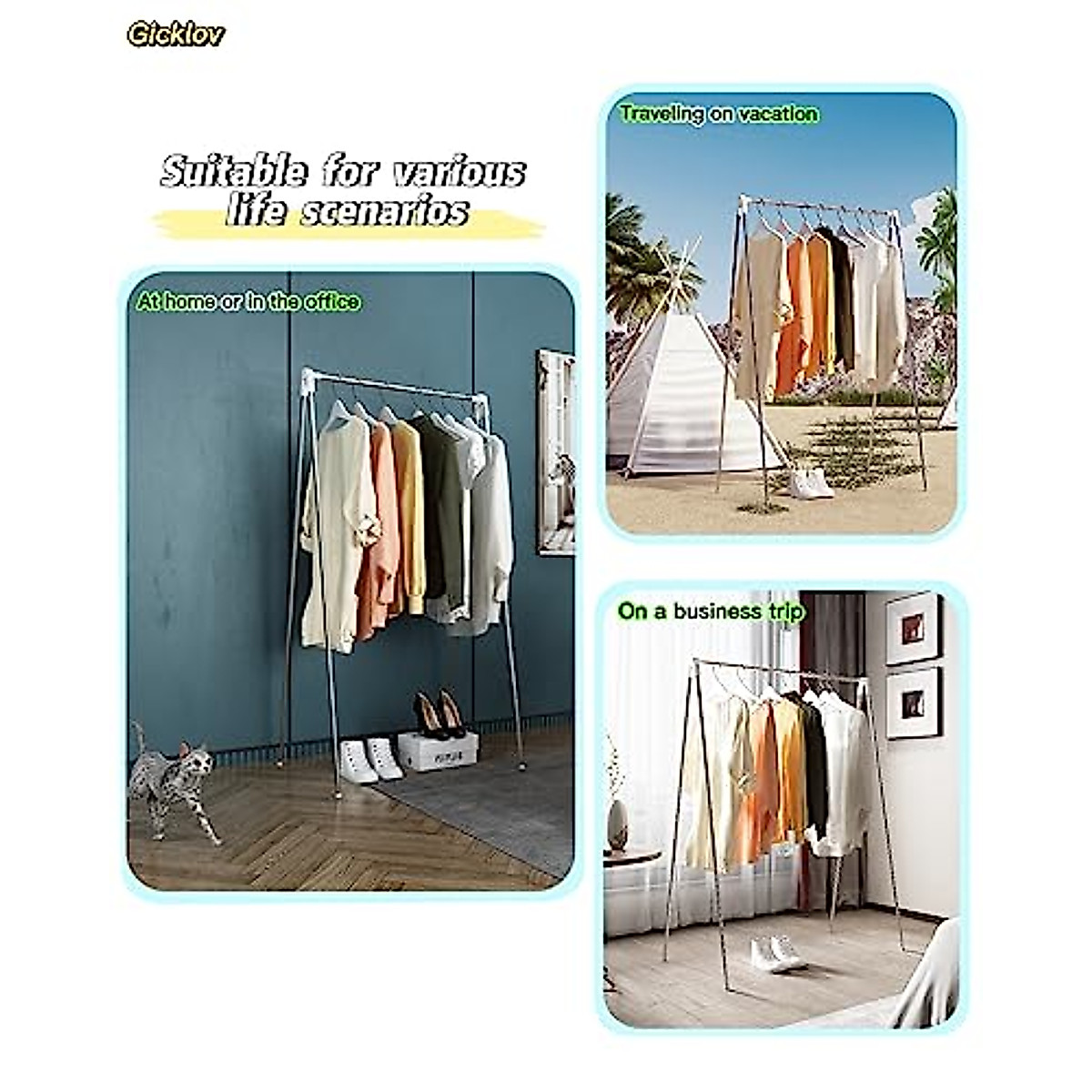 Gicklov Portable Garment Rack, Travel Folding Clothes Rack for Camping, Dancing, Outdoor, Indoor,Dorm,Hotel,Drying,A Portable Clothing Rack (New Upgrade) + 4 Folding Hangers+3 Storage Bags (White)