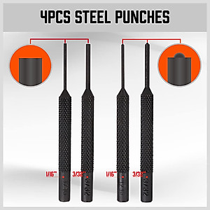 SEDY 22-Pieces Roll Pin Punch Set, Roll Pin Starter Punch, Brass, Steel, Plastic Punches, 4 Heads Hammer & 1 Plastic Tweezers. Red Storage Carring Case provided