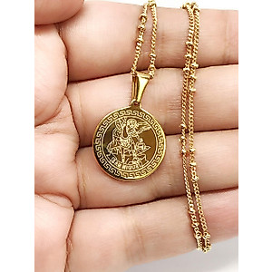 LESLIE BOULES Saint Michael Archangel Necklace 18 Inches Stainless Steel 18K Gold Plated Pendant