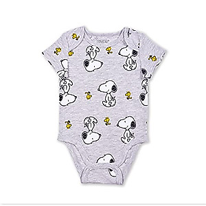 Peanuts Snoopy Boys’ 4 Pack Short Sleeve Bodysuit for Newborn and Infant – Red/White/Blue/Grey