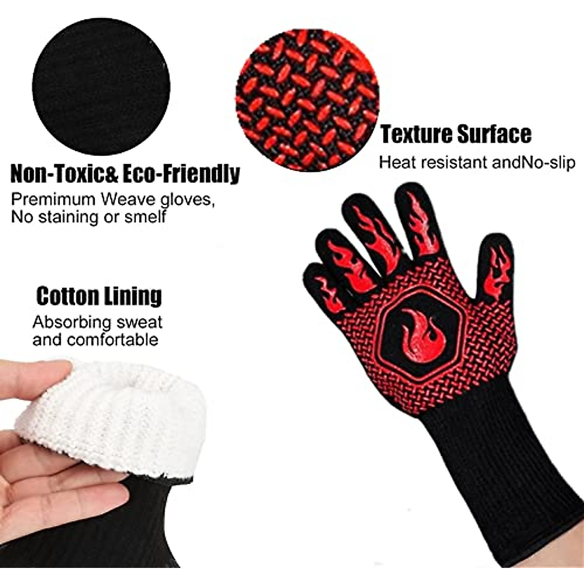 BBQ Fireproof Gloves - Grill Cut-Resistant Gloves 1472°F Extreme Heat Resistant, Silicone Non-Slip Oven Gloves for for Kitchen Garden BBQ Grilling and Outdoor Cooking Campfire