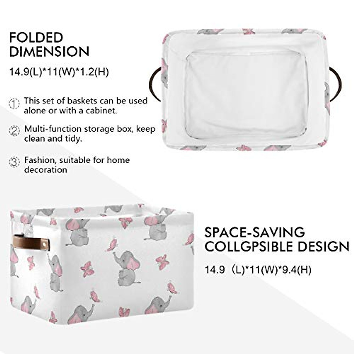 AGONA Large Foldable Storage Bin Cute Elephants Pink Butterflies Storage Bins Collapsible Decorative Fabric Storage Baskets with Leather Handles for Home Closet Bedroom Organizer Nursery 1 Pack