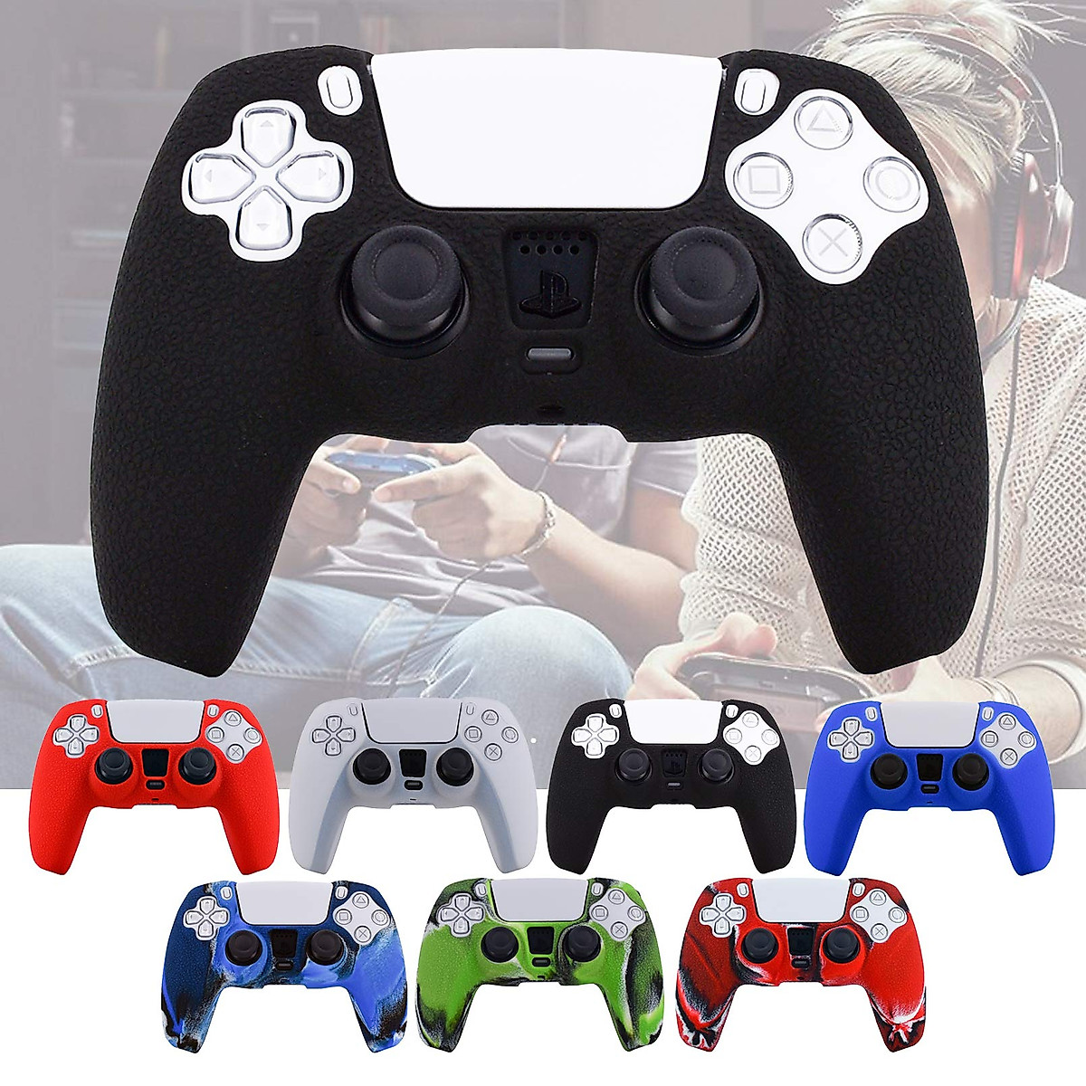 PS5 Controller Cover,Hikfly Silicone Skin for Sony PlayStation5 Controller Grip Skin Protector Faceplates Kits Video Games(1x CamoBlue Cover with 4 x Thumb Grips Caps)