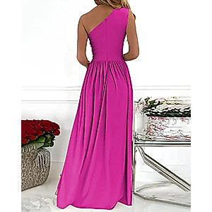 BTFBM Women's One Shoulder Cutout Sleeveless Maxi Dresses Side High Split Elegant Formal Prom Bodycon Party Cocktail Dress(Solid Rose Red, Large)