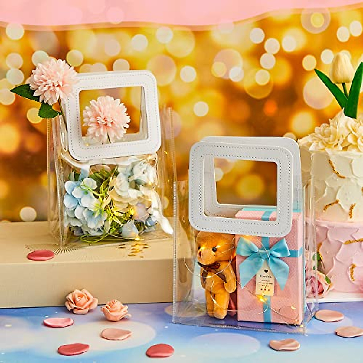 48 Pcs Clear Gift Bags and LED Light Set for Favors, PVC Gift Bag, Reusable Transparent Gift Wrap Bag with Handle, Heavy Duty Tote Bags for Baby Shower Wedding Birthday, 7 x 4 x 8 Inches