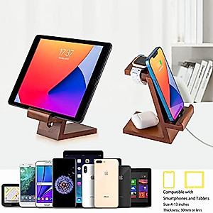 Shevvi Stand for Apple Watch, 2 in 1 Walnut Wood Phone Stand Holder for iPad Tablet, Desktop Stand Charging Dock for iPhone 14 13 12 11 All Series and Apple Watch Series 8/SE2/7/6/SE/5/4/3/2/1