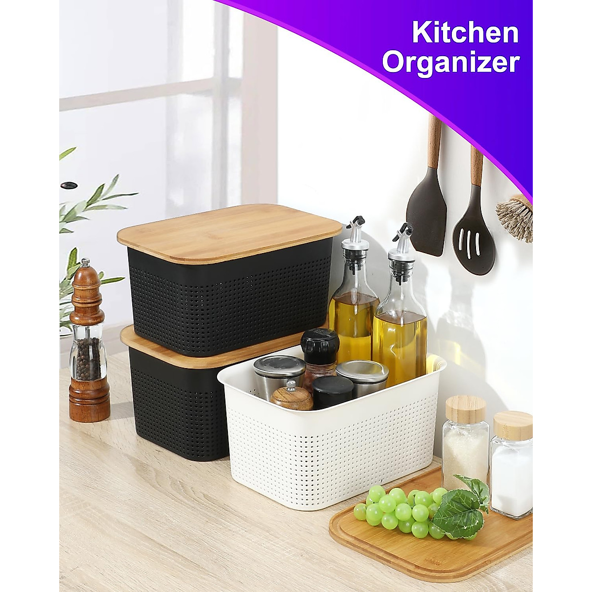 NEATJELAI Storage Bins With Lids 6 Packs Plastic Storage Containers With Bamboo Lids Stackable Storage Baskets for Organizing Desktop Closet Playroom Classroom Office,Black,10.8" L x 7.3" W x 5.1" H