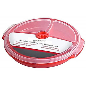 Home Products Essentials Microwave Food Storage Travel Tray Containers - Portion Control - 3 Section Compartment Divided Plates with Vented Lid For Easy Reheat (3, Red)