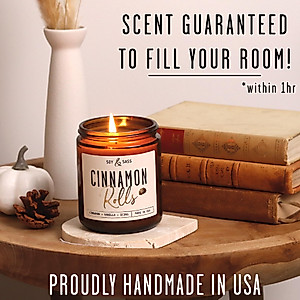 Cinnamon Candle, Fall Candles, Christmas Candles - 'Cinnamon Rolls' Autumn Scented Soy Candles for Home, 9oz Reusable Jar, 50Hr Burn, Made in USA