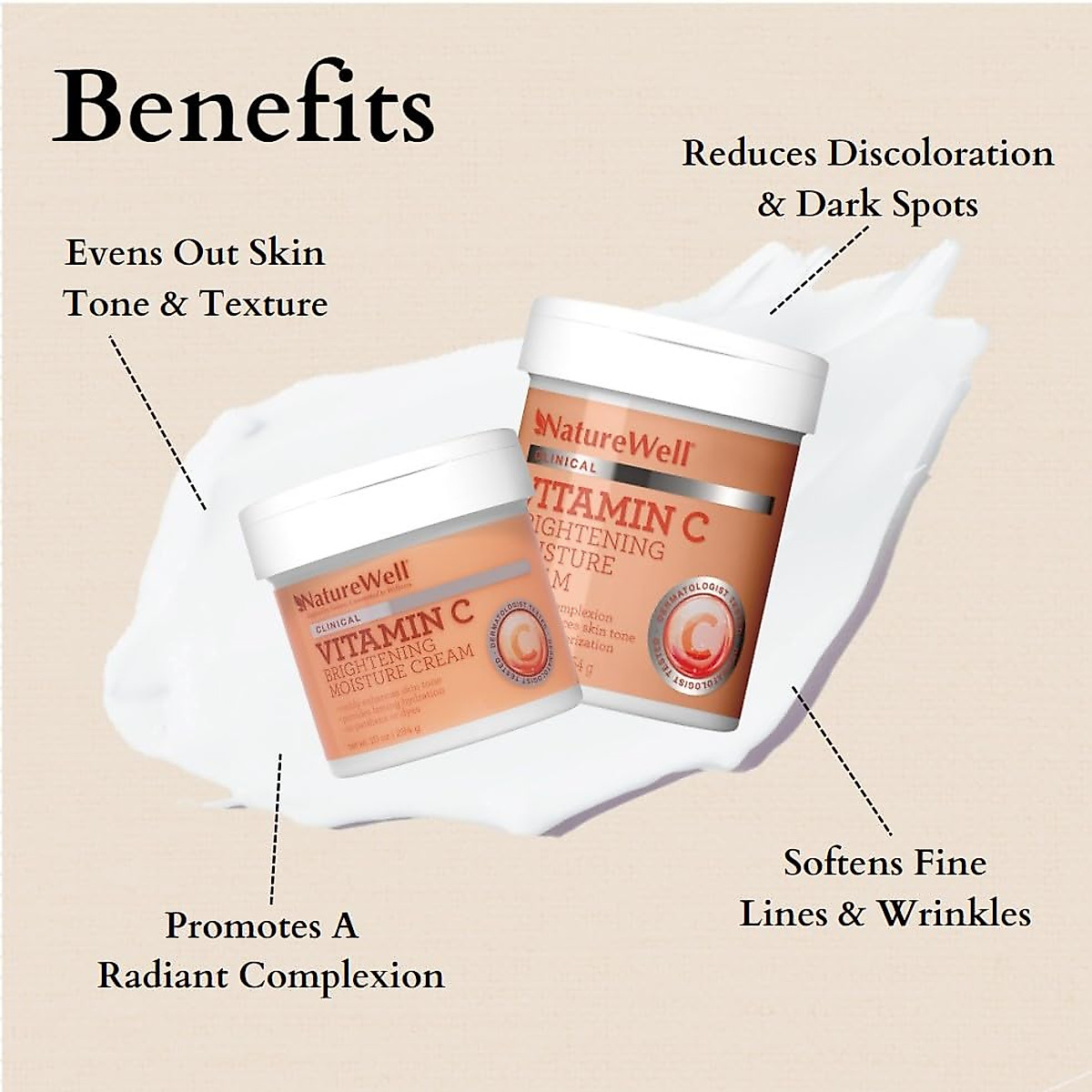 NATURE WELL Clinical Vitamin C Brightening Moisture Cream for Face & Body, Anti-Aging Skincare, Firming, Nourishing, Reduces Discoloration, Improves Overall Tone & Texture, Non-Greasy, 16 Oz