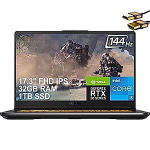 ASUS TUF Gaming F17 Laptop 17.3" FHD 144Hz IPS Display 11th Gen Intel 6-Core i5-11260H (Beats i7-8750H) 32GB RAM 1TB SSD GeForce RTX 3050 Ti 4GB RGB Backlit Keyboard USB-C Win10 + HDMI Cable
